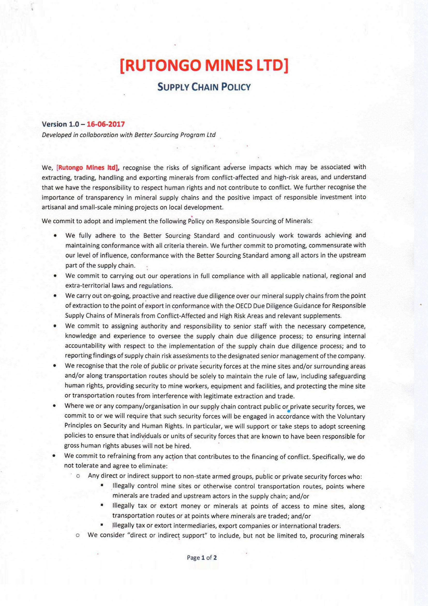 Examples of Due Diligence Policies from select Better Mining ...